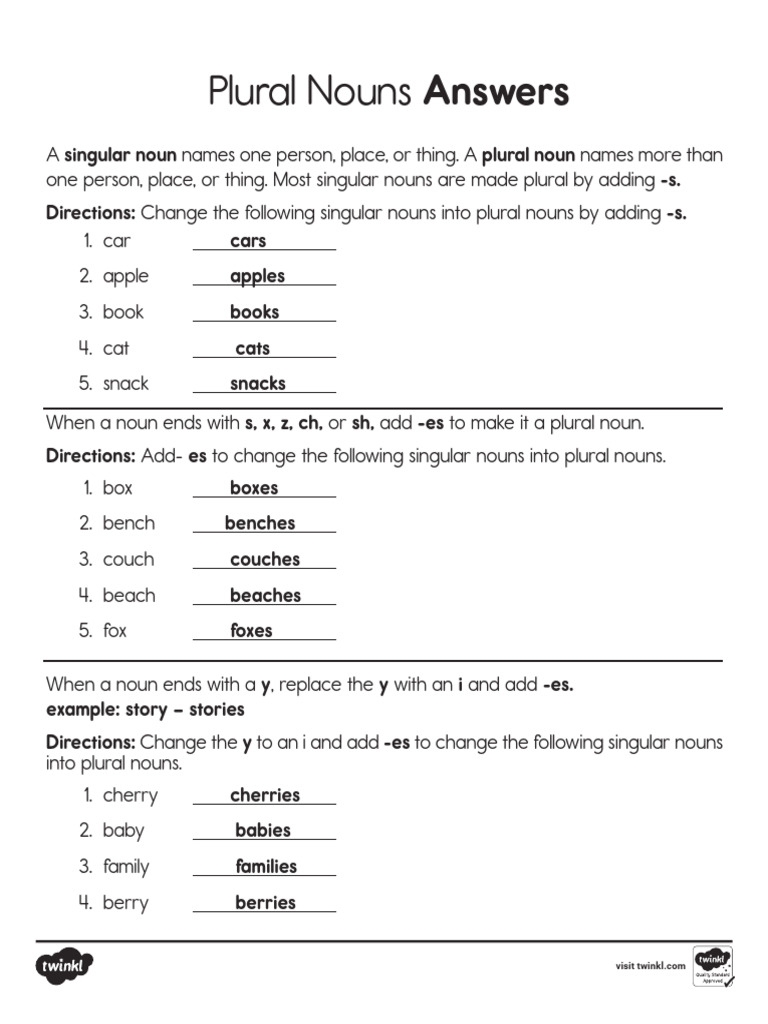 Answer Key Second Grade Plural Nouns Activity | PDF