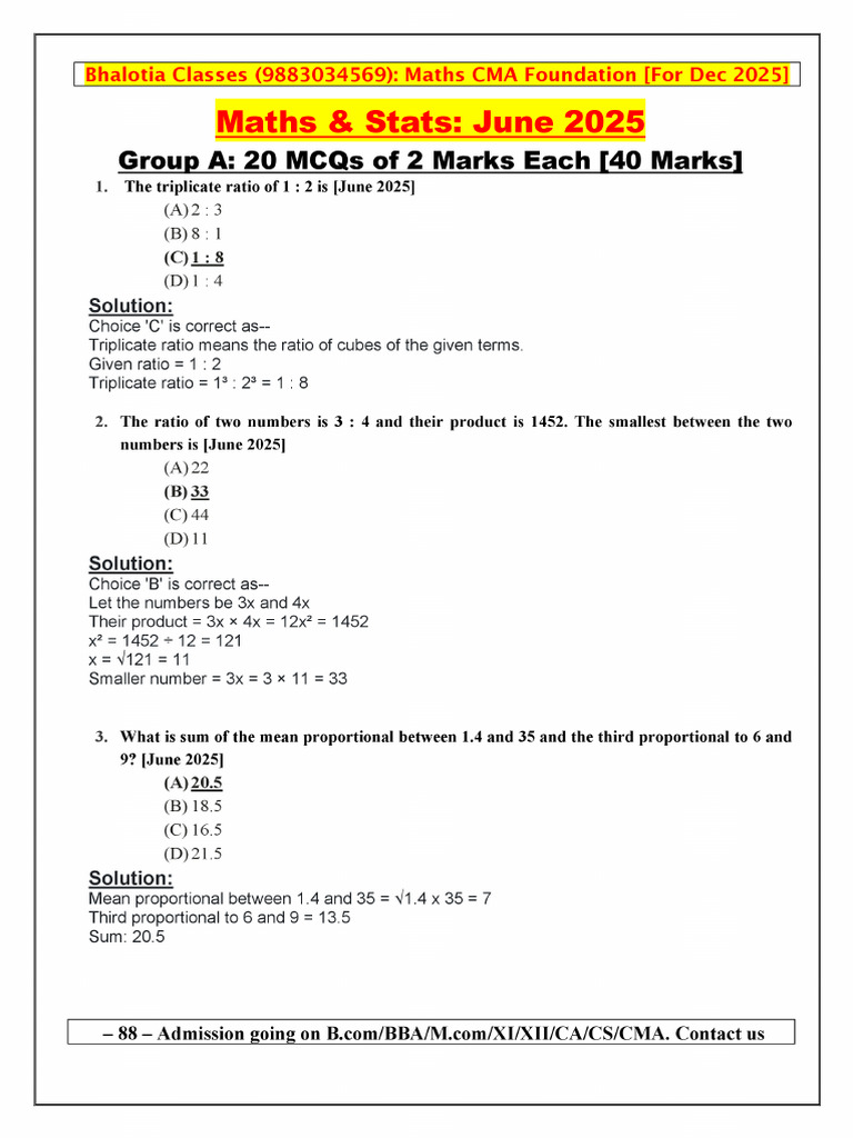 Maths & Stats PYQ CMA Foundation (2025 - 2016) | PDF
