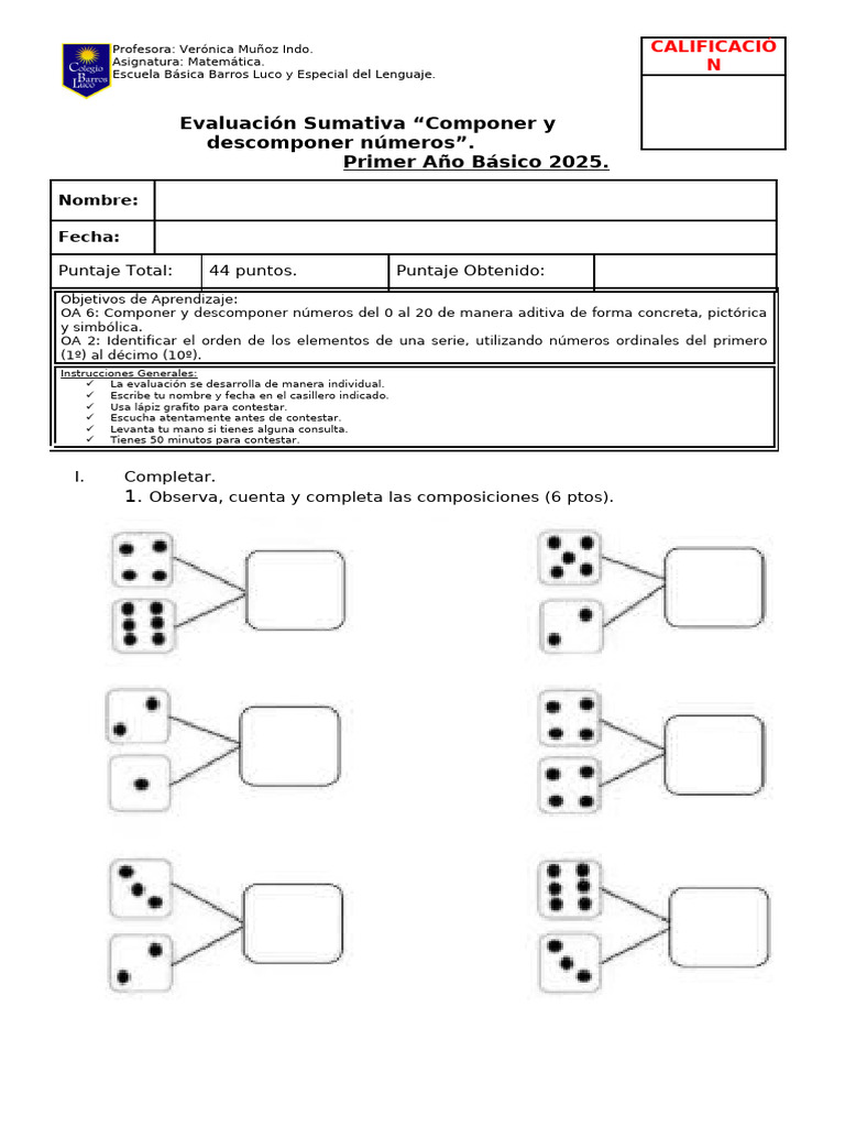 Prueba Sumativa Componer y Descomponer Números | PDF