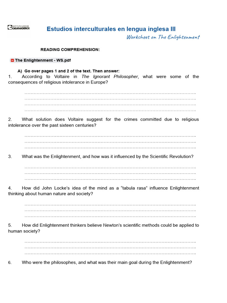 Worksheet On The Enlightenment (EEII 2) | PDF | Age Of Enlightenment ...