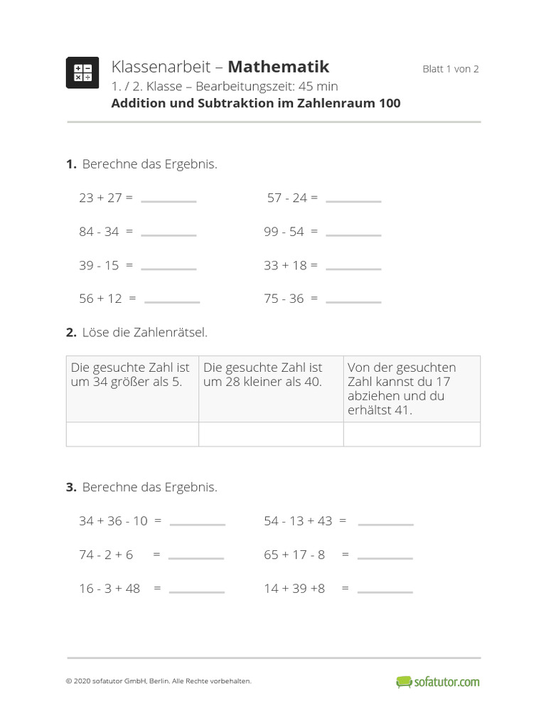 Addition Und Subtraktion Im Zahlenraum 100-Mathematik-Klasse-1-2 | PDF