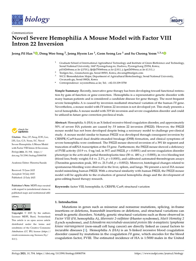 Novel Severe Hemophilia A Mouse Model With Factor | PDF | Haemophilia ...