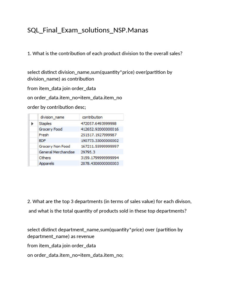 SQL Final Exam Solutions NSP MANAS | PDF