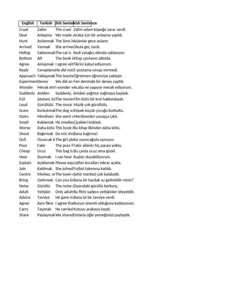 English Turkish Words Sentences | PDF