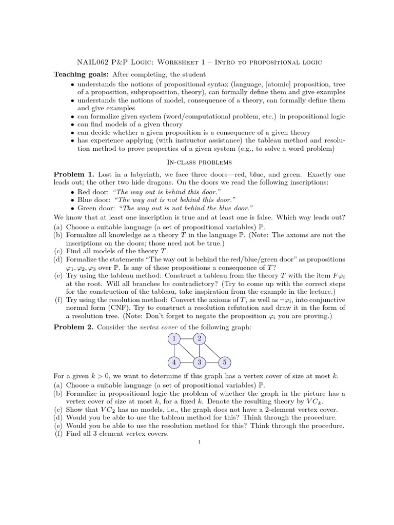 Intro to Propositional Logic Worksheet | PDF | Logic | Mathematical Logic
