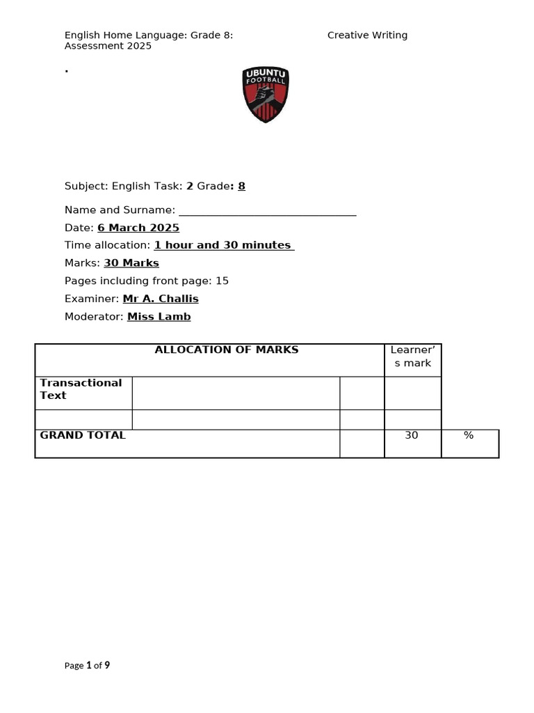 Grade 8 Creative Writing Assessment 2025 | PDF | Essays | Cognitive Science