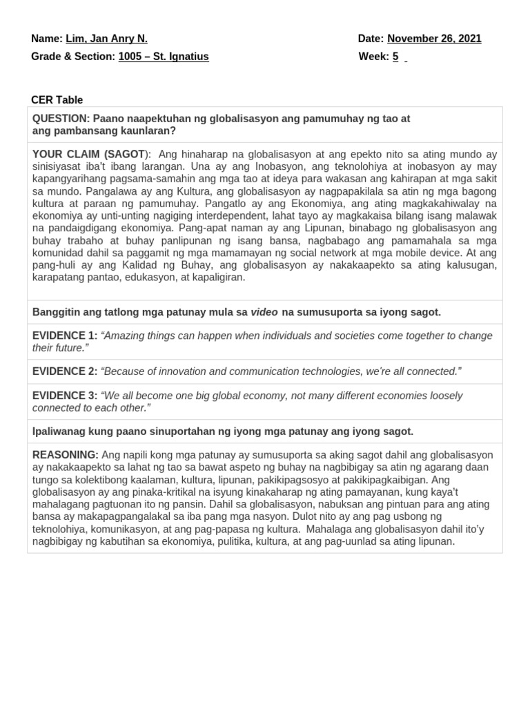 AP CER Table Week 5 | PDF