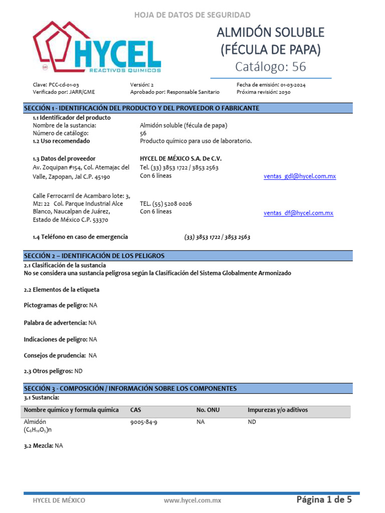 HDS Almidon Soluble Ver 2024 | PDF | Agua | Residuos
