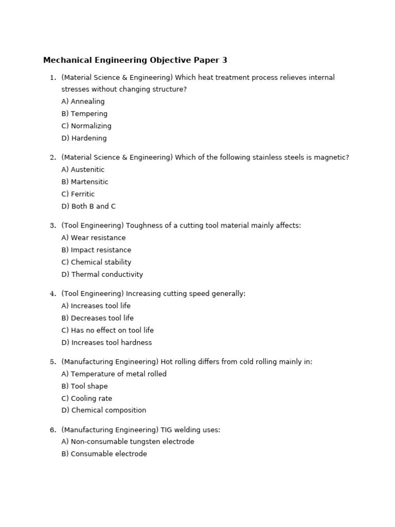 Mechanical Engineering Objective Questions | PDF | Heat Transfer ...