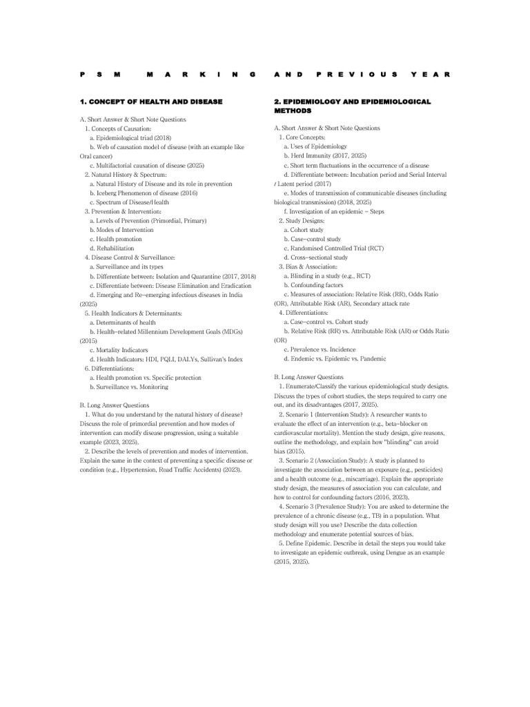 PSM Marking and Previous Year | PDF | Epidemiology | Non Communicable ...