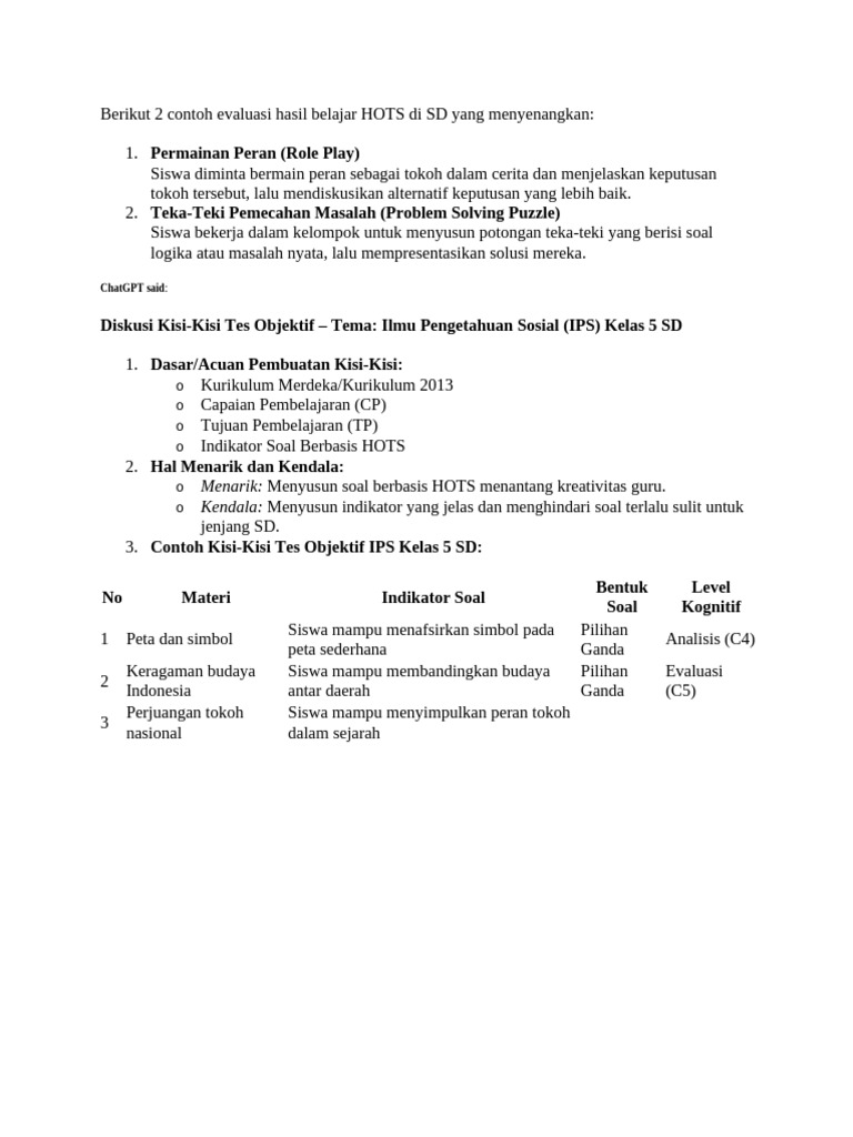 Berikut 2 Contoh Evaluasi Hasil Belajar HOTS Di SD Yang Menyenangkan | PDF
