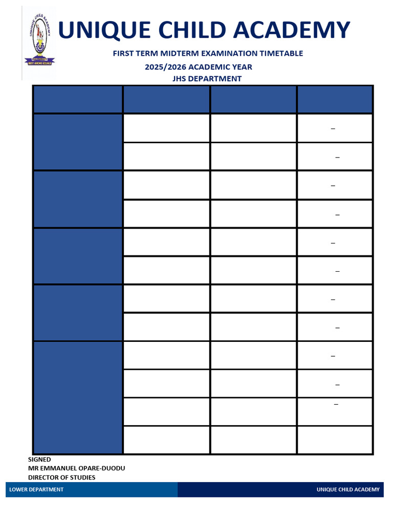 Unique Child Academy Exam Timetable 2025 | PDF