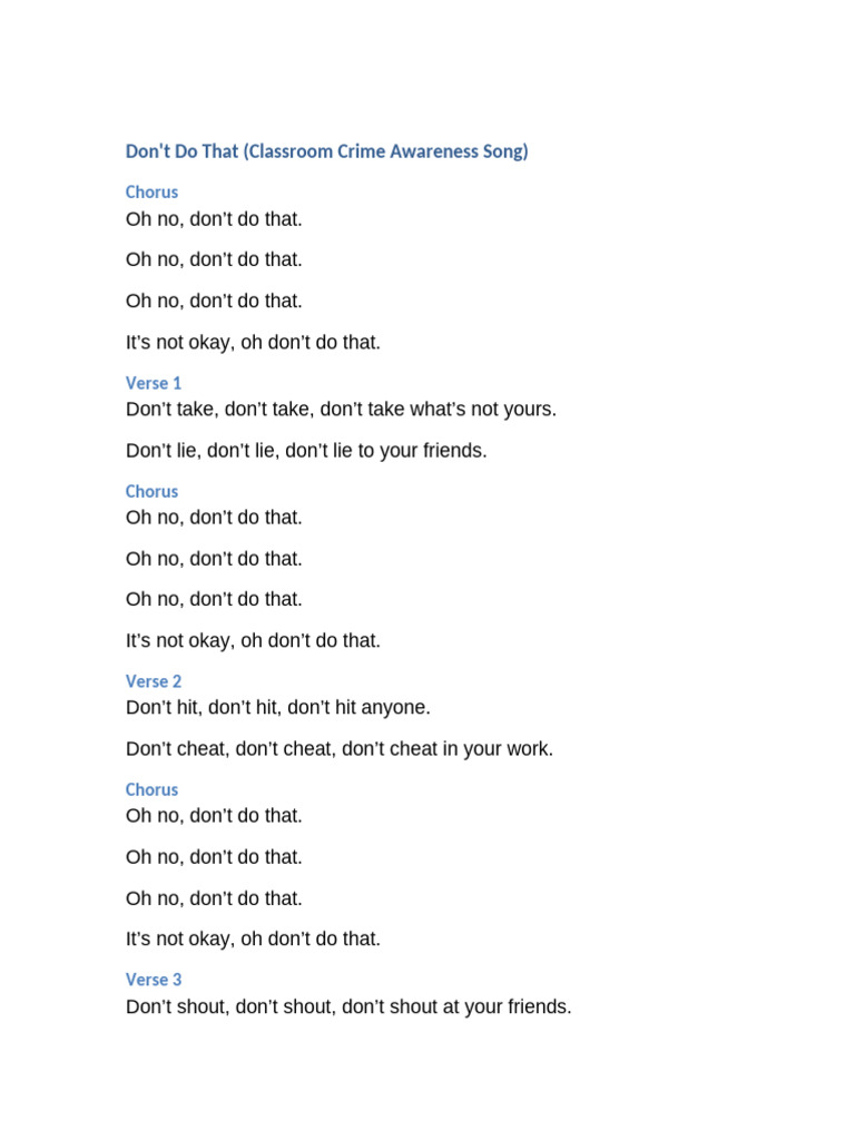 Don't Do That: Classroom Behavior Song | PDF