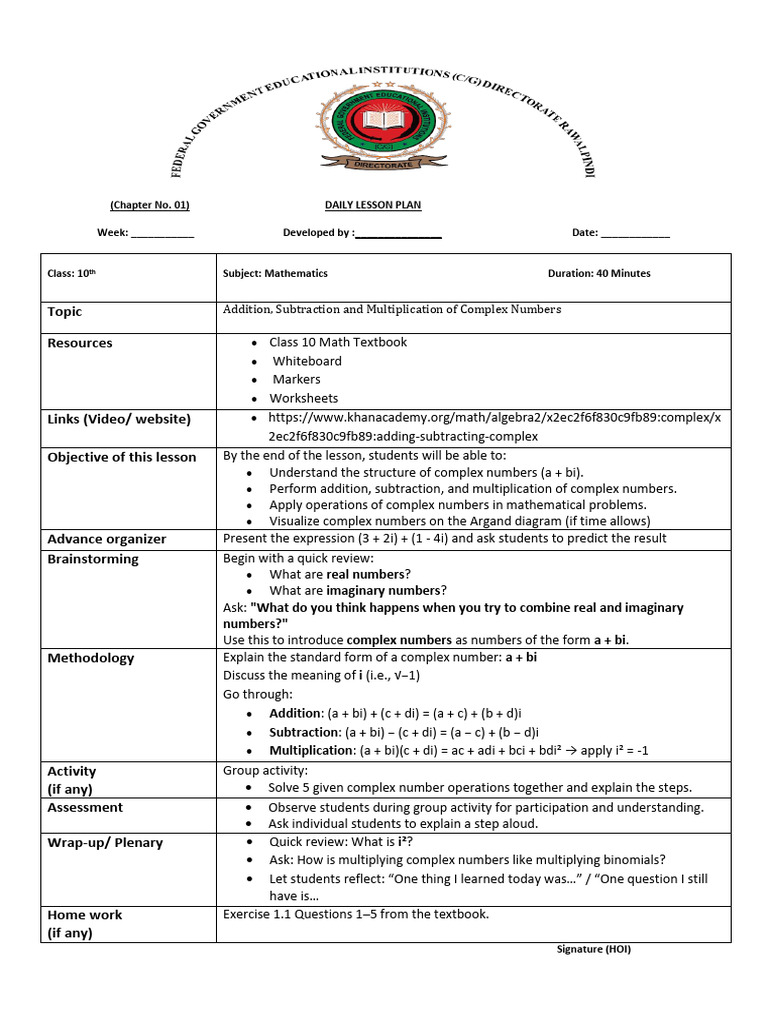 Lesson Plan Mathematics (Science) 10th Class | PDF | Quadratic Equation ...