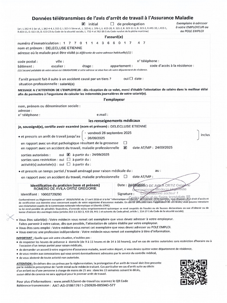 Arret Travail Mathis 24092025 | PDF