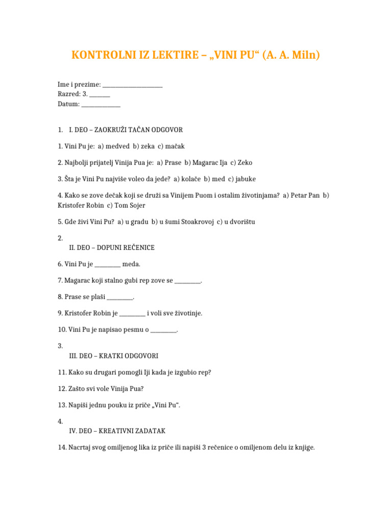 Kontrolni Vini Pu 3razred | PDF