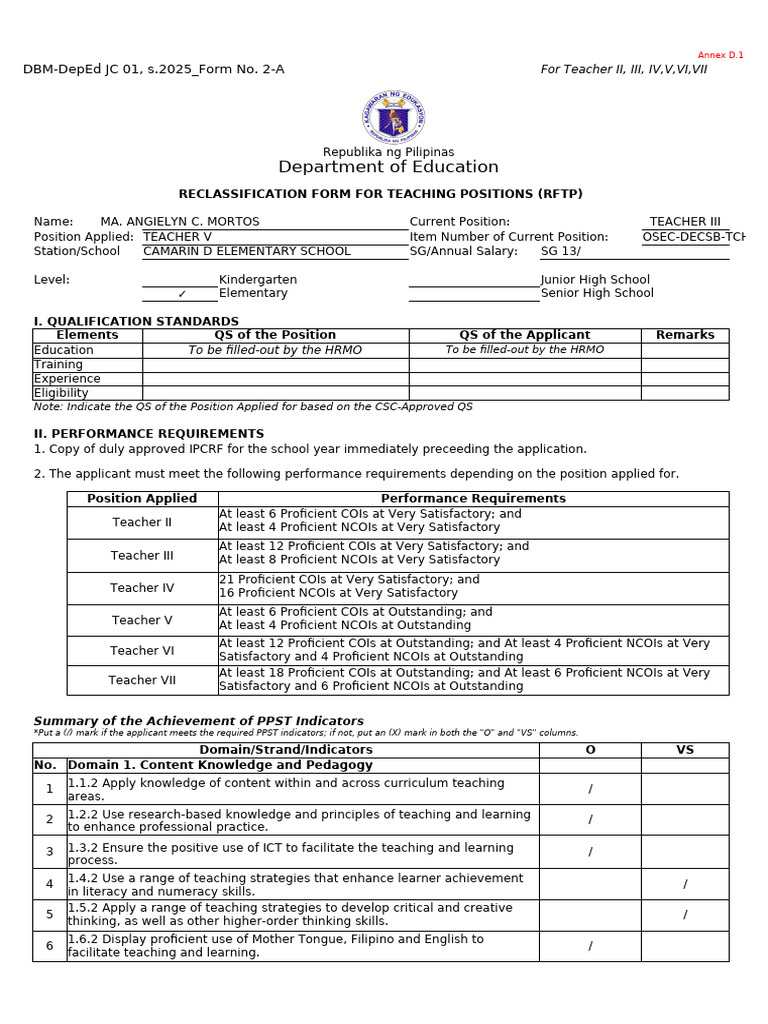 Reclassification Form For Teaching Positions RFTP | PDF | Educational Assessment | Learning
