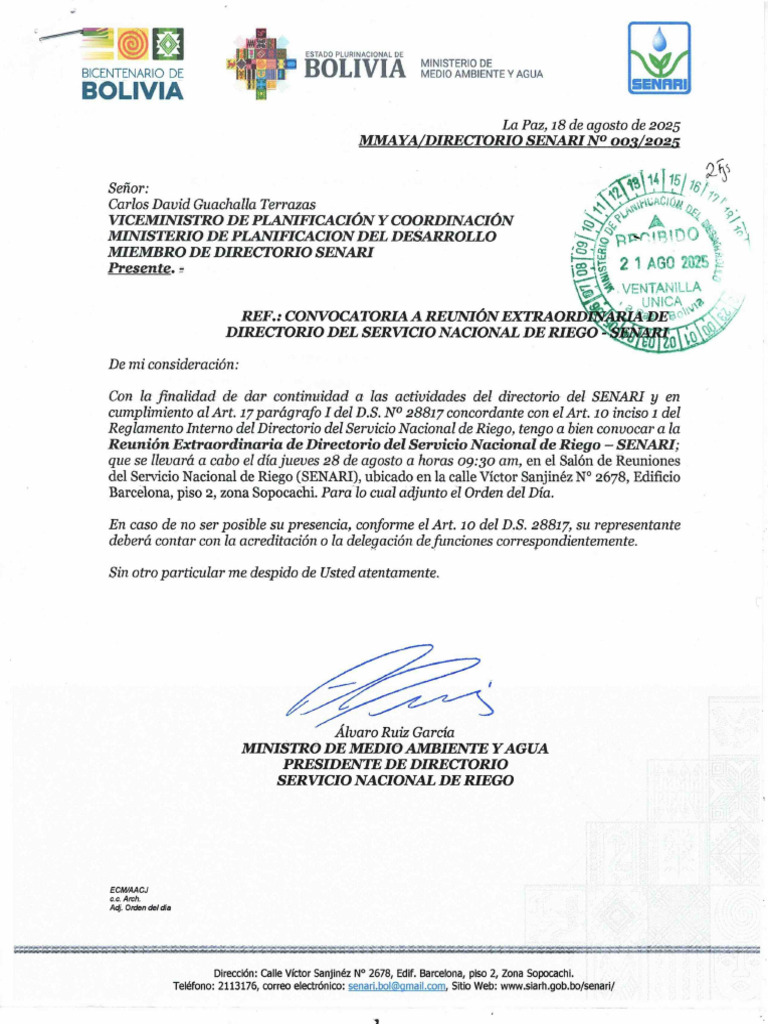 Convocatoria Reunión SENARI 28 Agosto | PDF