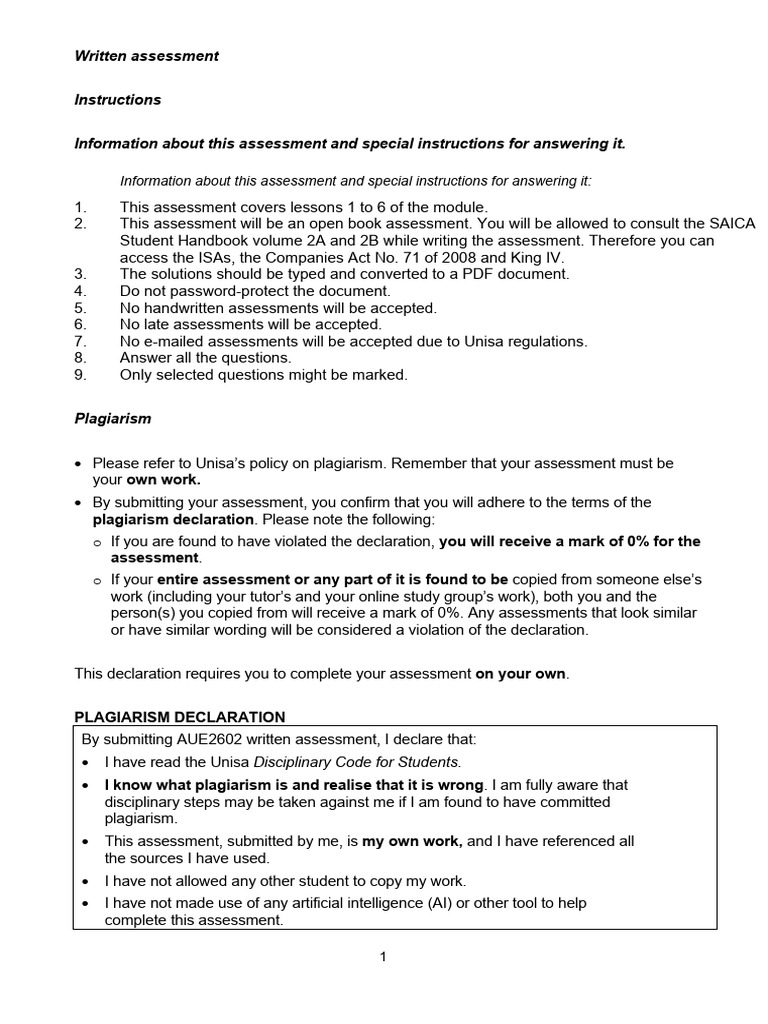 AUE2602 Written Assessment Guidelines | PDF | Business | Accounting