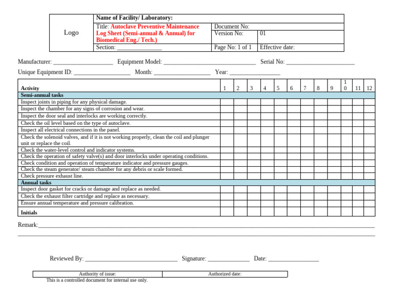 Autoclave PM Log Sheet Semi-Annually Anually BME-T | PDF