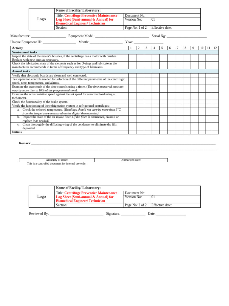 Centrifuge Maintenance Log Sheet | PDF