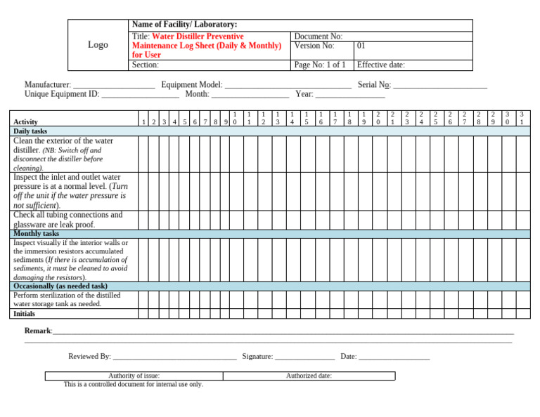 Water Distiller Maintenance Log Sheet | PDF