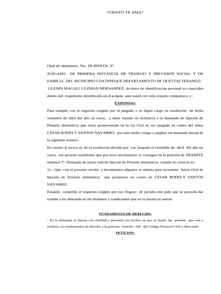 Ampliación de Demanda de Pensión Alimenticia | PDF | Pensión ...
