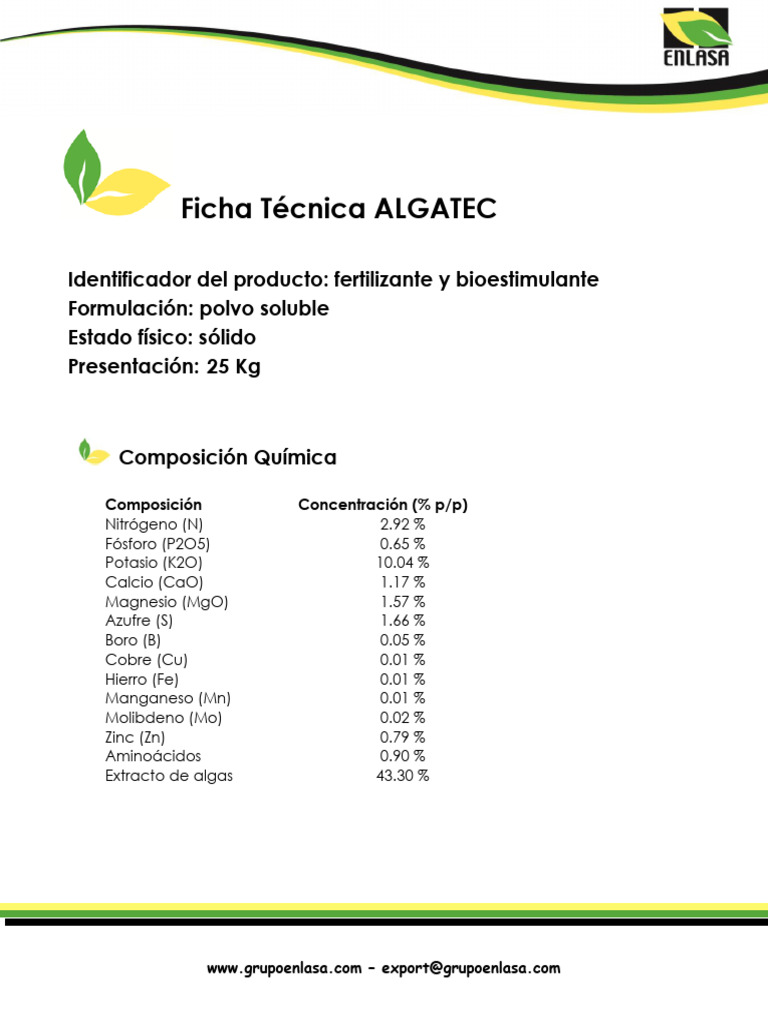 Fertilizante ALGATEC: Composición y Uso | PDF | Fertilizante | Química