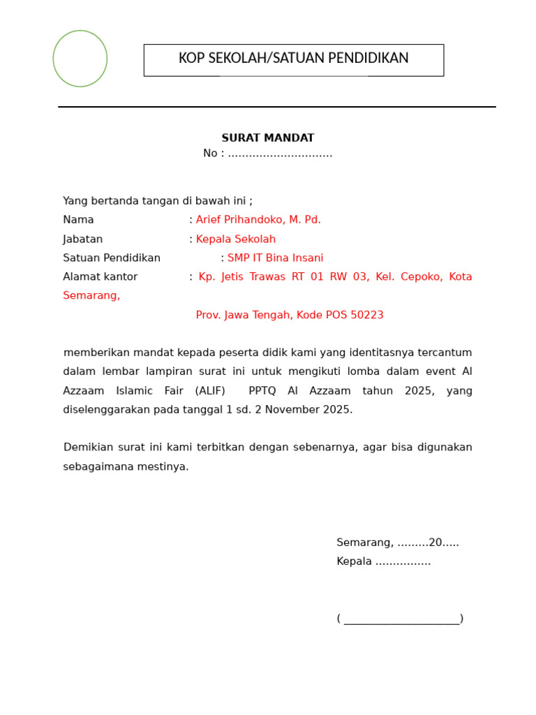Mandat Delegasi Lomba Al Azzaam | PDF