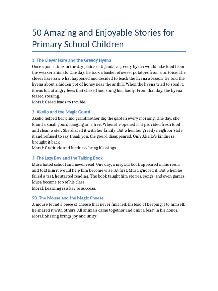 50 Stories For Primary School Children by Kalulu Brian | PDF