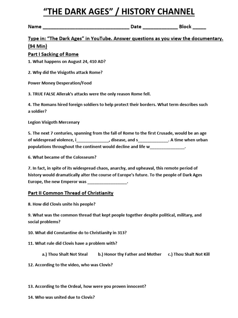 The Dark Ages Worksheet History Channel Documentary | PDF | Justinian I ...