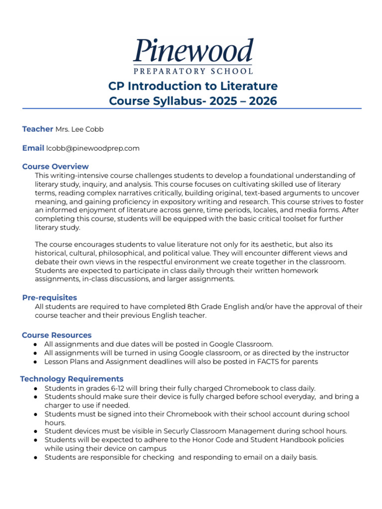 CP Literature Course Syllabus 2025-2026 | PDF | Academic Integrity