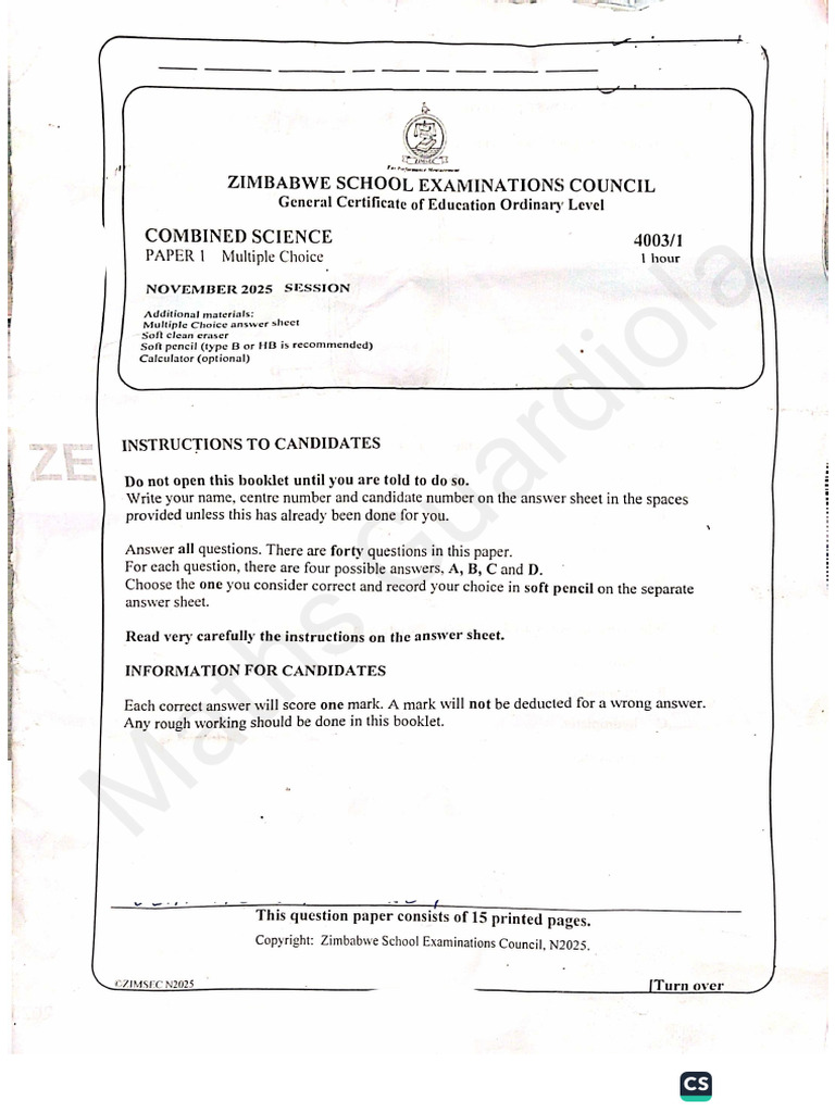 Combined Science Paper 1 Nov 2025 | PDF