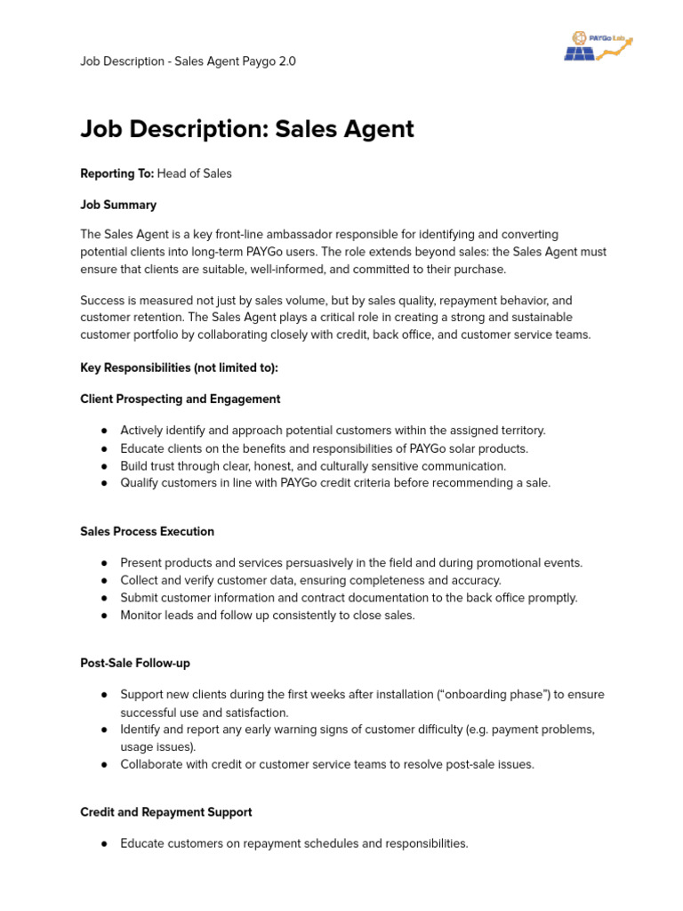 Job Description - Sales Agent Paygo 2.0 | PDF | Sales | Smartphone