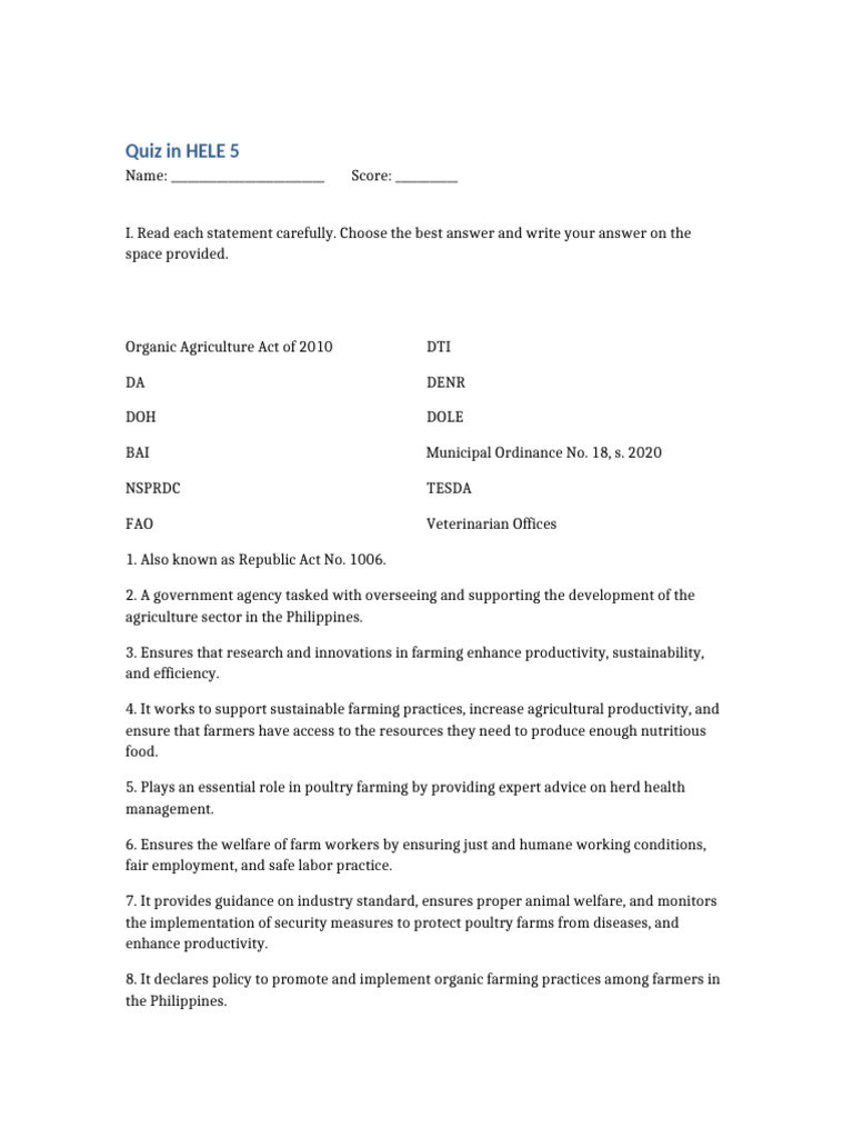Quiz in HELE 5 No Answers | PDF | Agriculture | Organic Farming