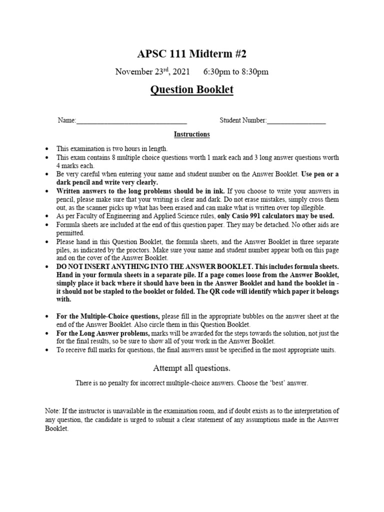 APSC 111 Midterm #2 2021 Question Booklet With Solutions | PDF ...
