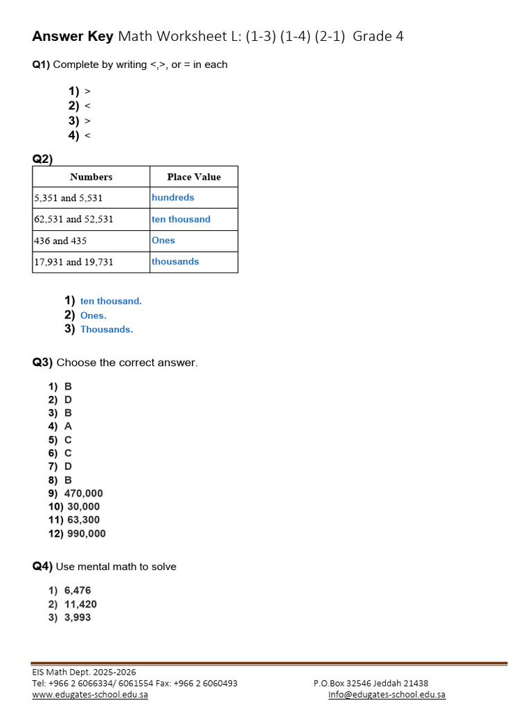 Answer Key Math Worksheet T.1, L (3&4) T.2, L1 | PDF