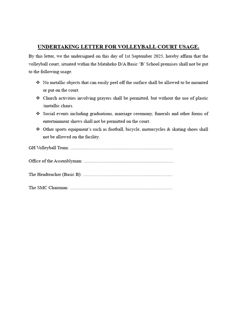 Undertaking Letter For Volleyball Court Usage | PDF