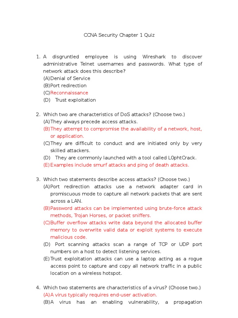 CCNA Security Ch01 Quiz Answers | PDF | Computer Virus | Denial Of Service Attack