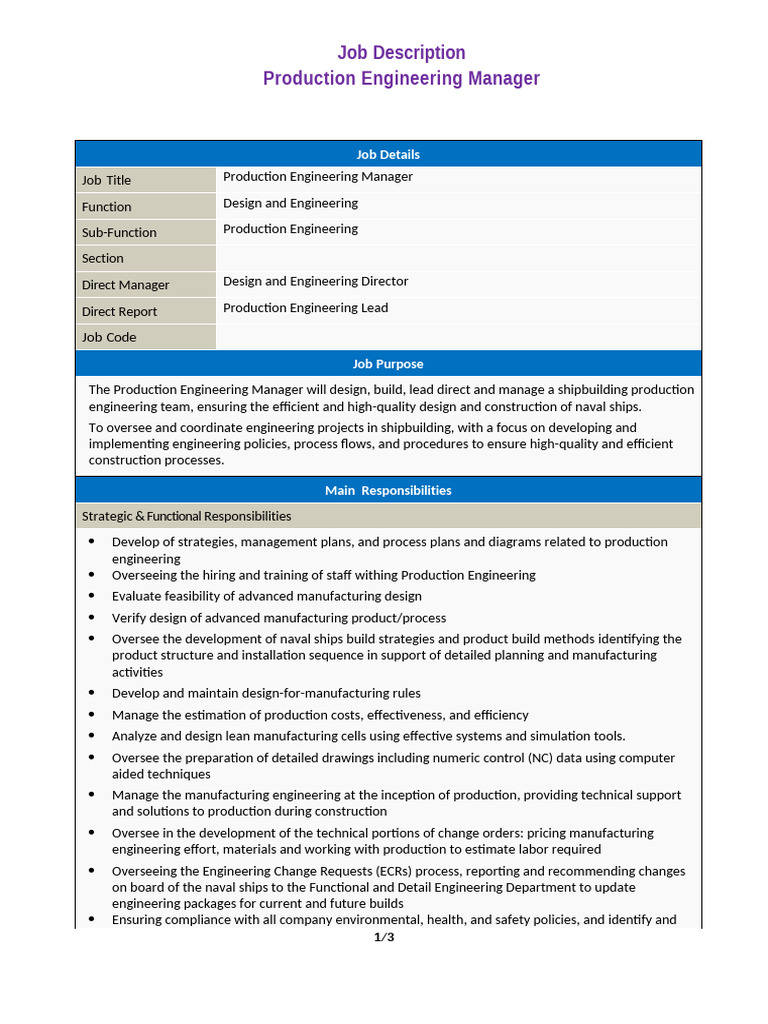 Production Engineering Manager | PDF | Engineering | Supply Chain