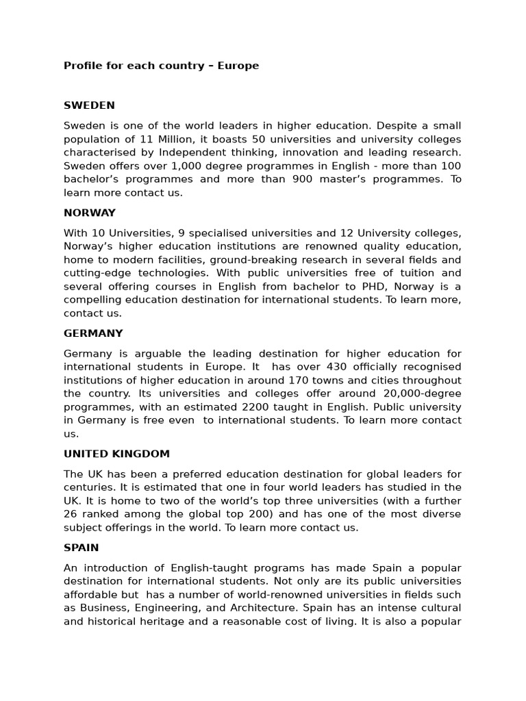 Profile For Each Country | PDF | Cost Of Living | University