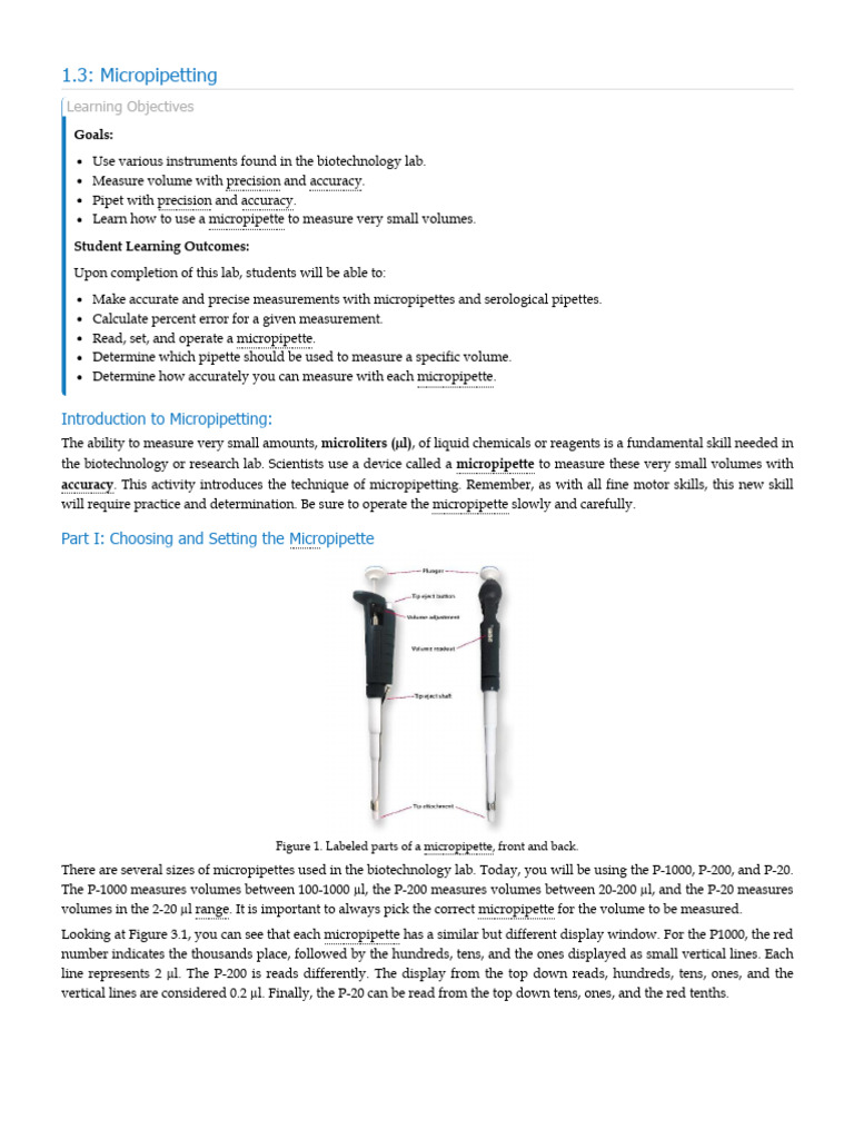 1.3 - Micropipetting - Biology LibreTexts | PDF