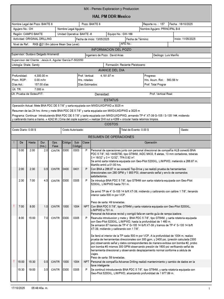 Reporte de Pozo BAKTE 8 - Pemex | PDF | Gases | Ingeniería mecánica