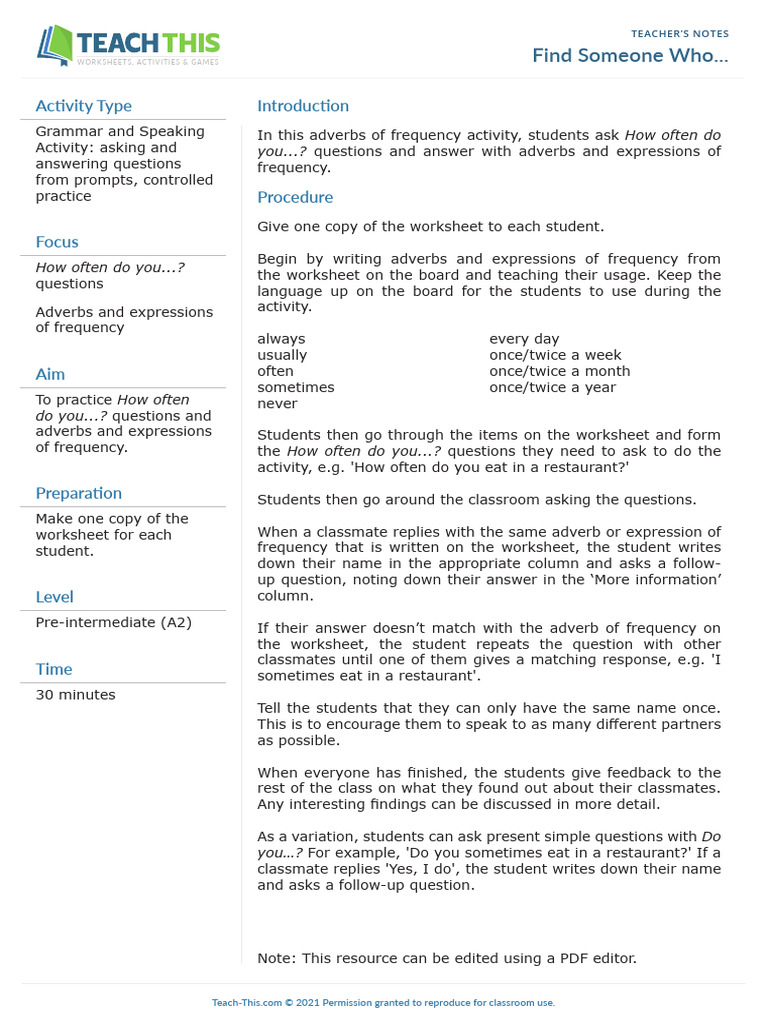 Find Someone Who Frequency Adverbs | PDF | Human Communication