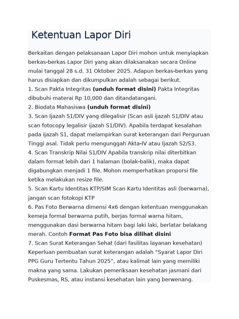 Ketentuan Lapor Diri PPG 2025 | PDF