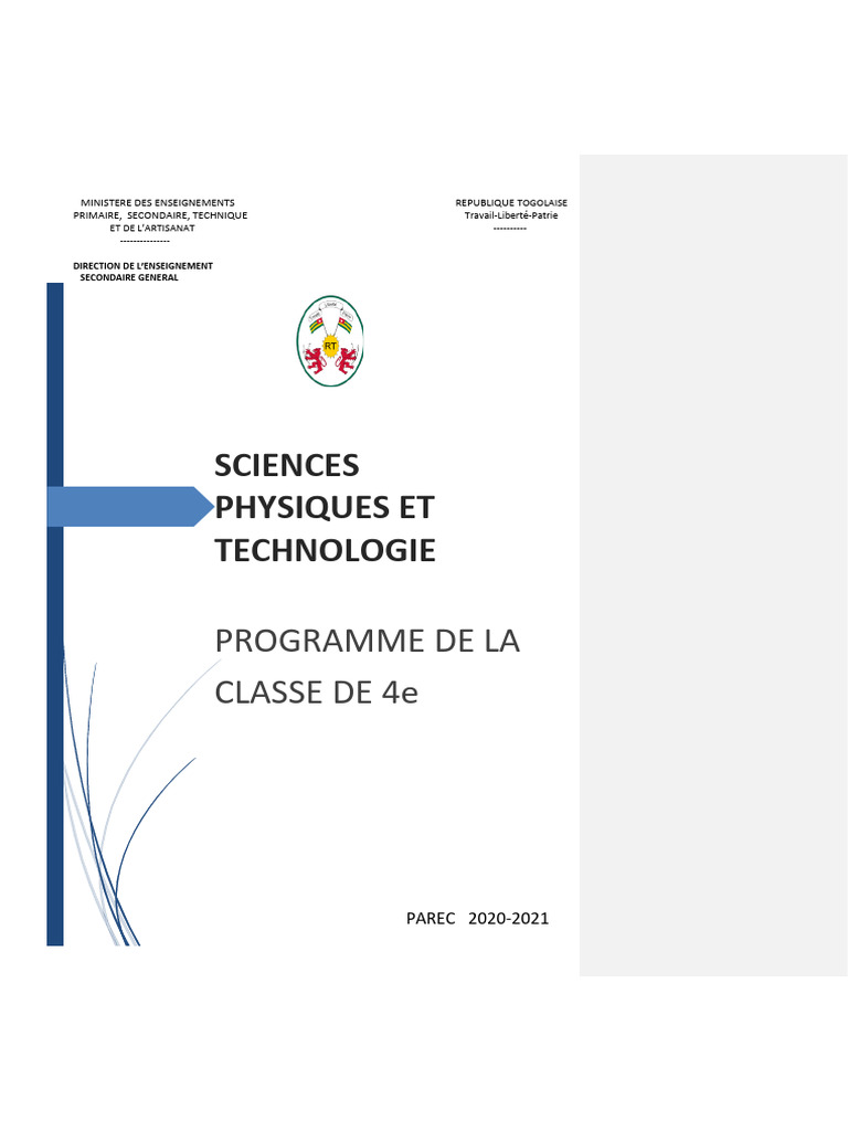 Programme Sciences Physiques 4e Togo | PDF | Lumière | Ion