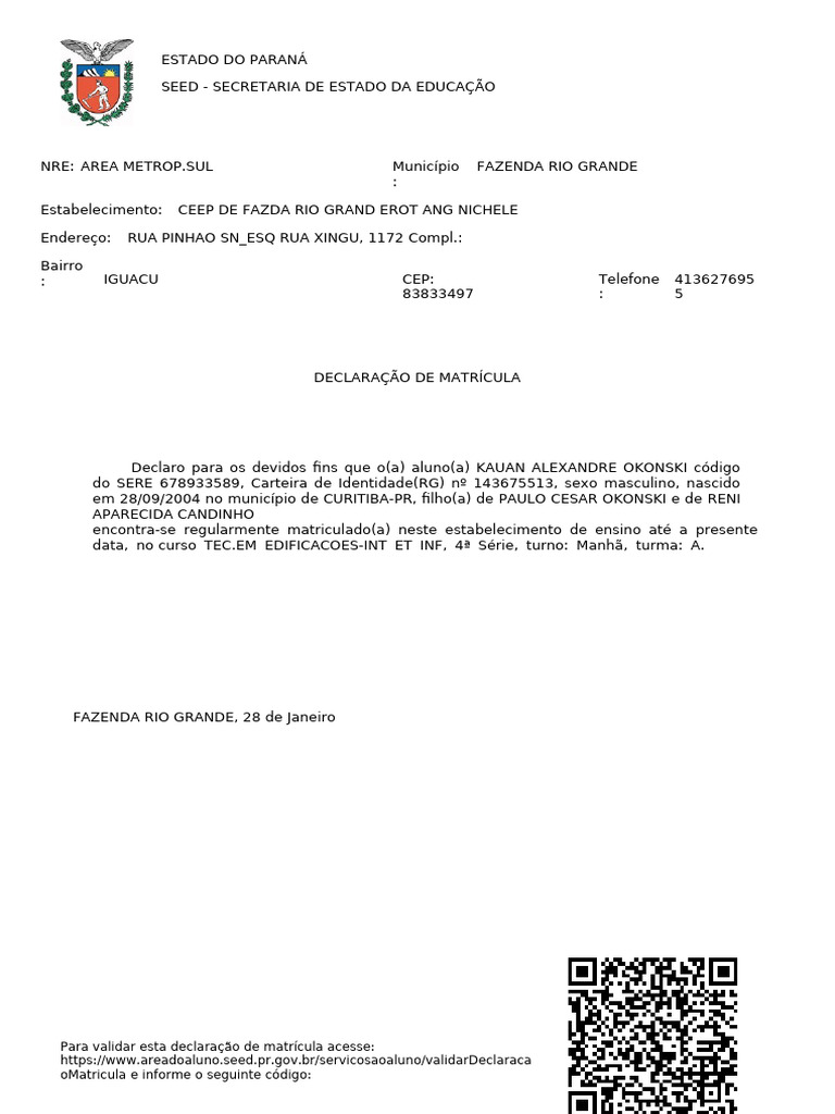 Declaração de Matrícula - CEEP Fazenda Rio Grande | PDF
