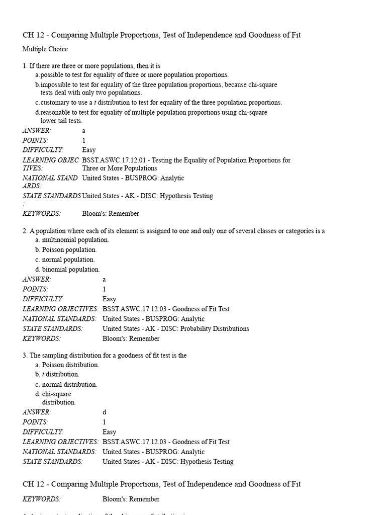 CHAPTER 12 Multiple Choice | PDF | Chi Squared Test | Chi Squared ...
