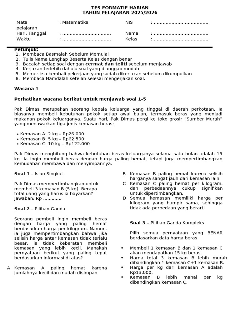 Tes Formatif Harian - Numerasi | PDF