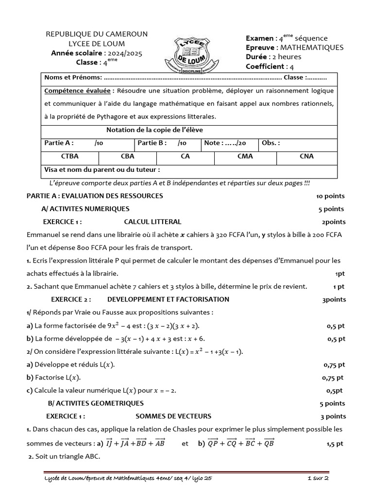 Épreuve de Mathématiques 4ème - Séquence 4 | PDF | Mathématiques
